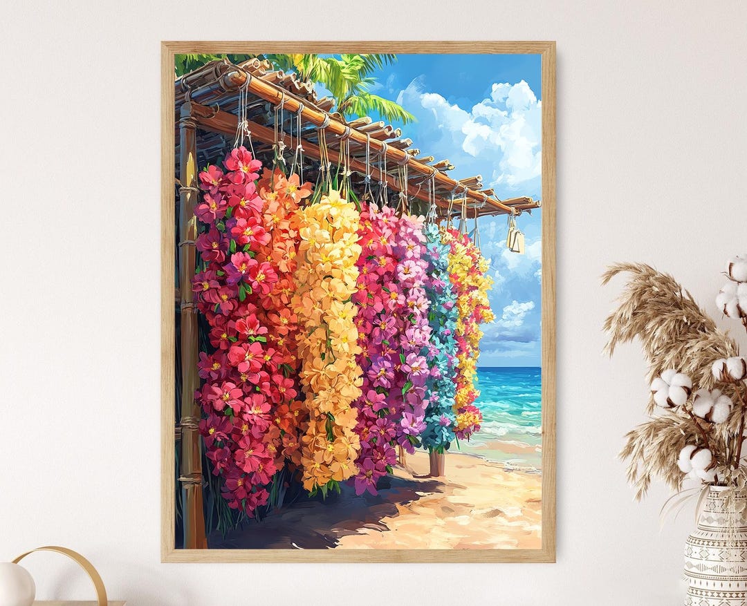 Hawaiian Lei and Flower Garland Illustration, Tropical Island Art Print ...