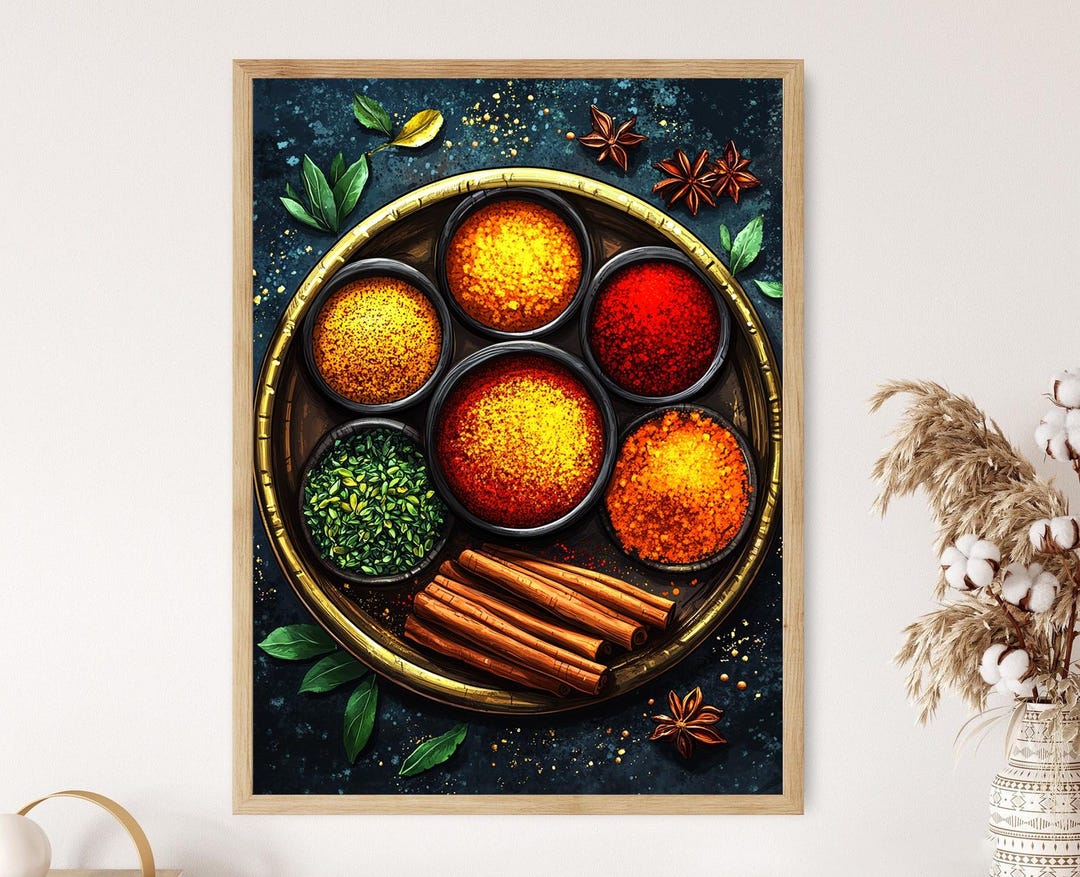 Traditional Indian Spice Thali Poster, Brass Tray and Saffron Painting ...