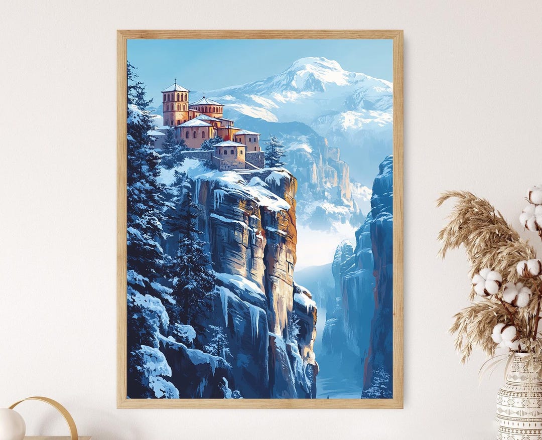 Meteora Winter Monasteries Art Print, Snowy Greece Landscape Decor ...