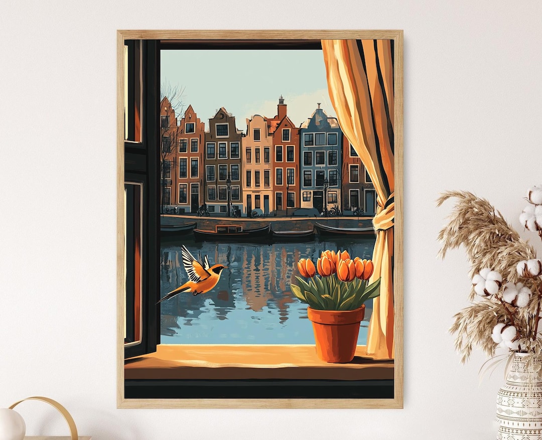 Amsterdam Goldfinch at Window Poster, Dutch Bird Scene, Flat Vector ...