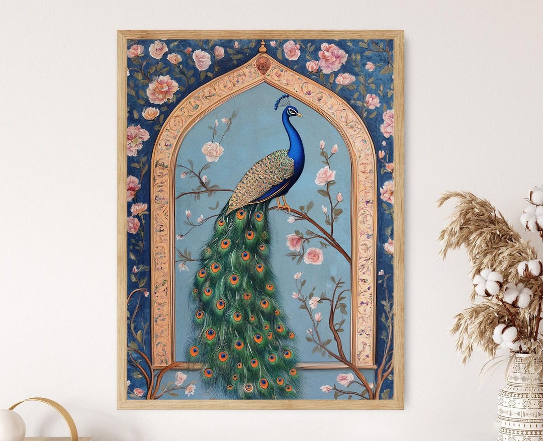 Indian Peacock Art Print, Mughal Style Wall Decor, Floral Peacock ...