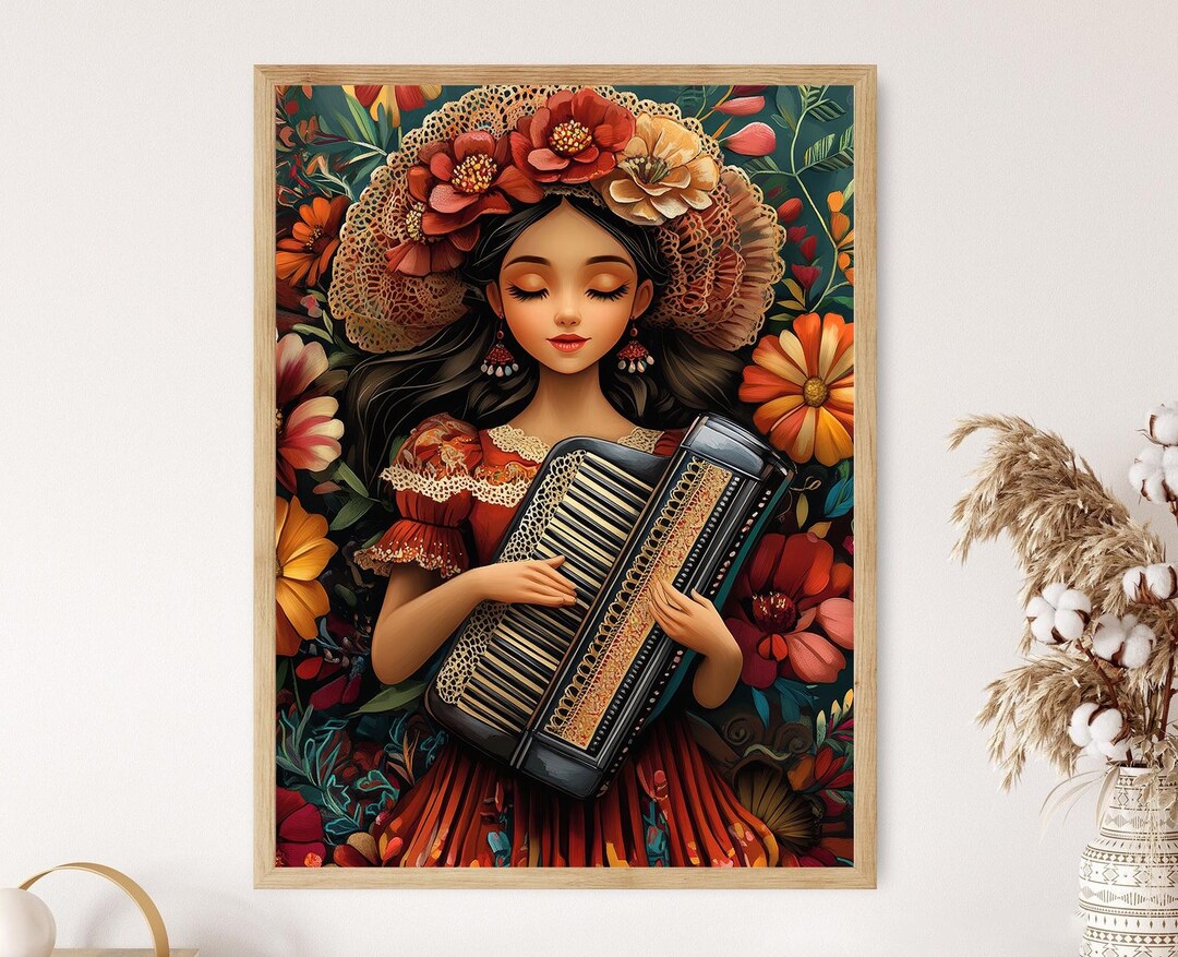 Honduran Musica With Accordion Art Print, Campesina Floral Decor Poster ...