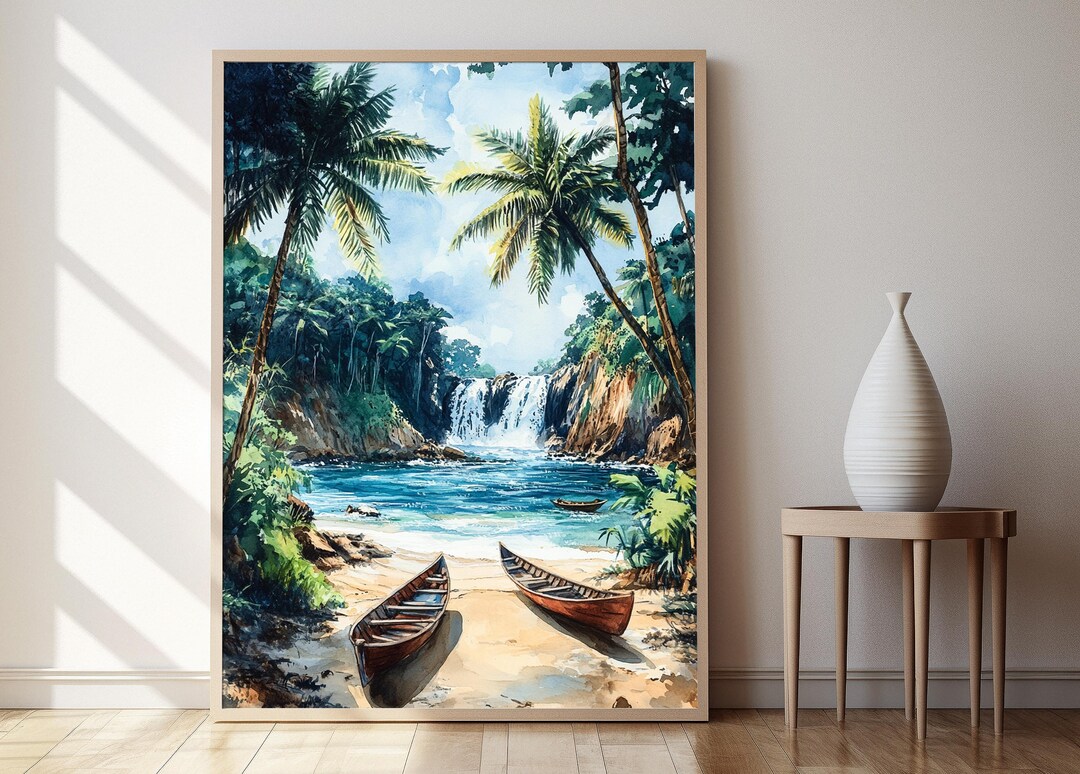 Kribi Waterfalls Illustration, Lobé Falls and Atlantic Ocean Art Print ...