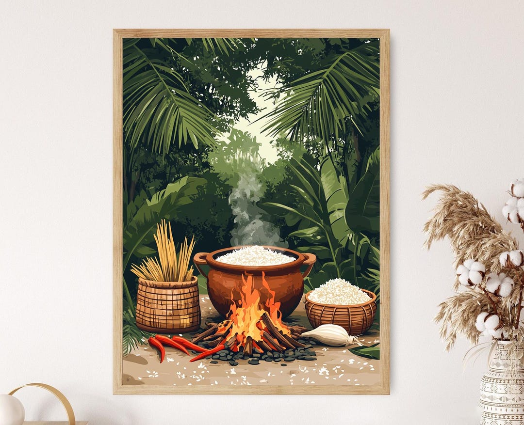Guyanese Cooking Scene Poster, Traditional Kitchen Art Print, Flat ...