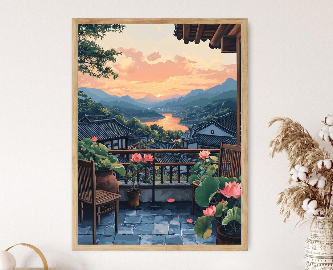 Andong Rooftop Patio Art Print, Flat Vector Illustration, Korean ...