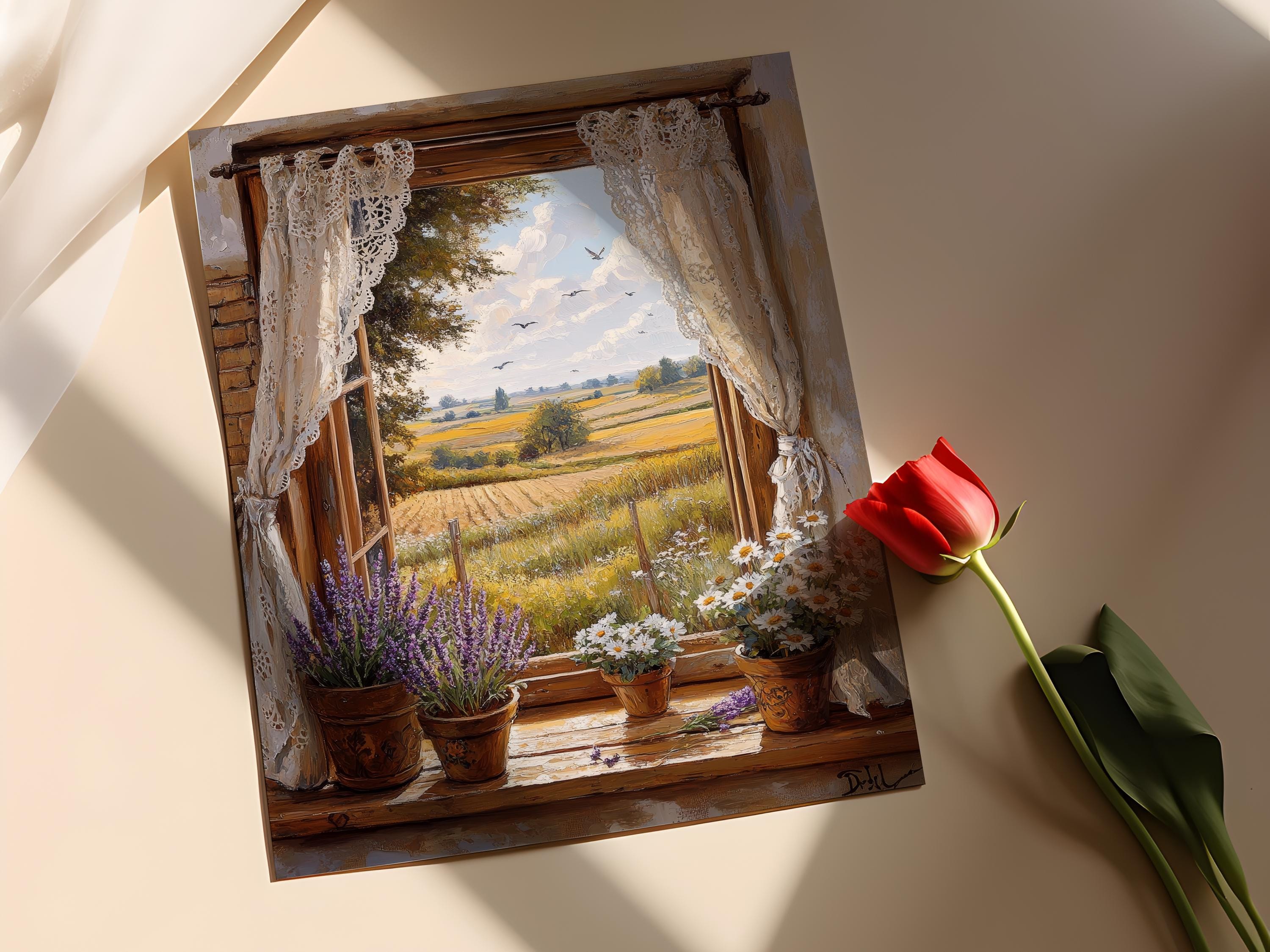 Cottagecore Window View Fine Art Print, Floral Curtain Painting ...