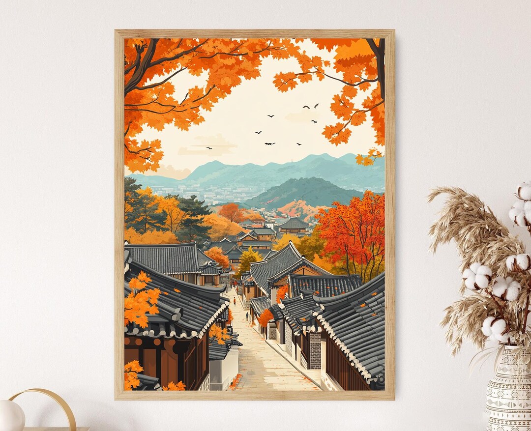 Jeonju Hanok Village Art Print, Flat Vector Illustration, Traditional ...