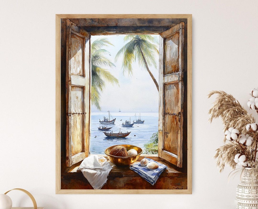 Visakhapatnam Coastal Window Poster, Coconut Bowl, Seashell Art Print ...