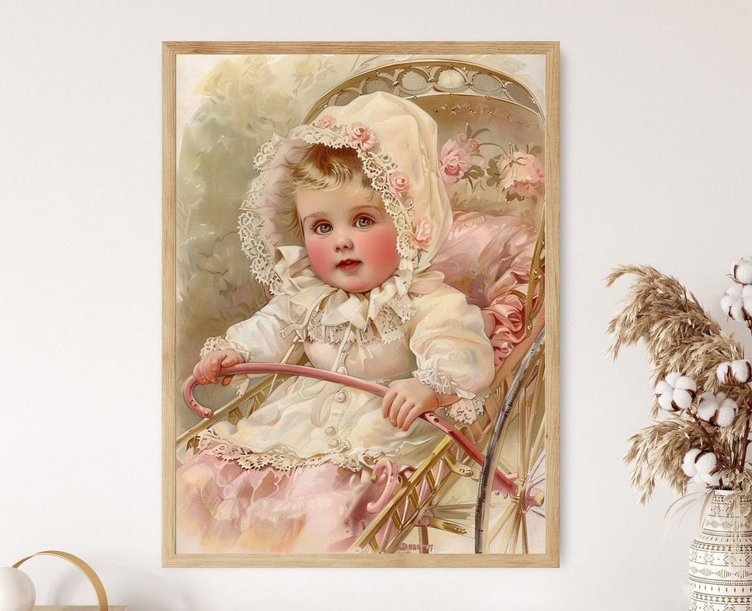 Sweet Baby in Vintage Pram With Lacy Bonnet – Elegant Maud Humphrey ...