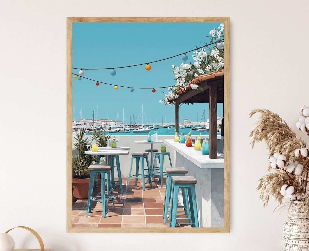 Mahón Rooftop Cocktail Bar Poster, Menorca Harbor View Art Print, Flat ...