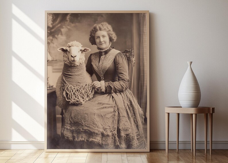 Victorian Lady Knitting Sheep Art Print: Humorous Sepia Home Decor - Etsy