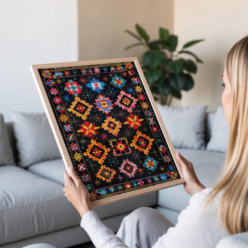 Intricate Bulgarian Embroidery Pattern Art, Geometric Shapes Print ...