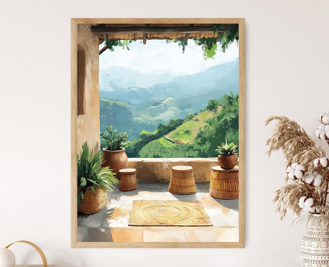 Rwandan Rooftop Patio Art Print, Agaseke Basket Decor Poster, Wooden ...