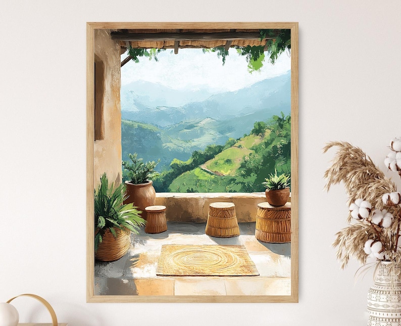 Rwandan Rooftop Patio Art Print, Agaseke Basket Decor Poster, Wooden ...