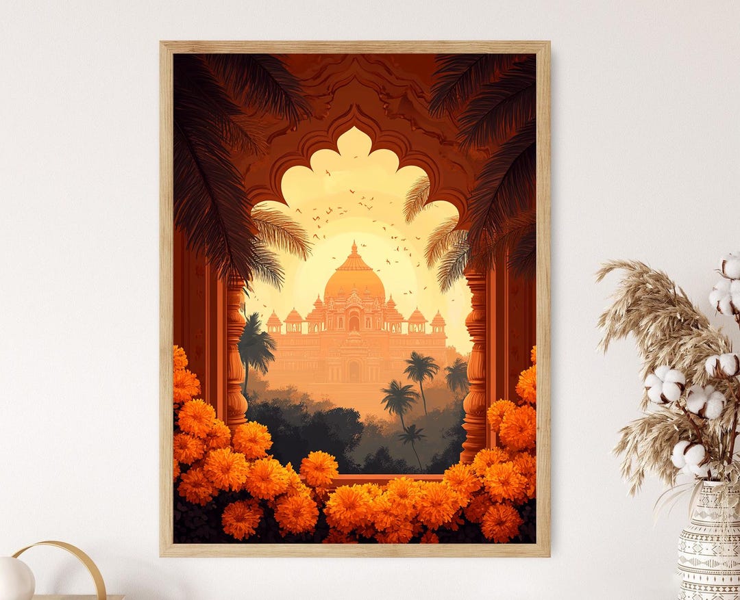Jharokha Window With View of Indian Temple and Marigold Garlands ...