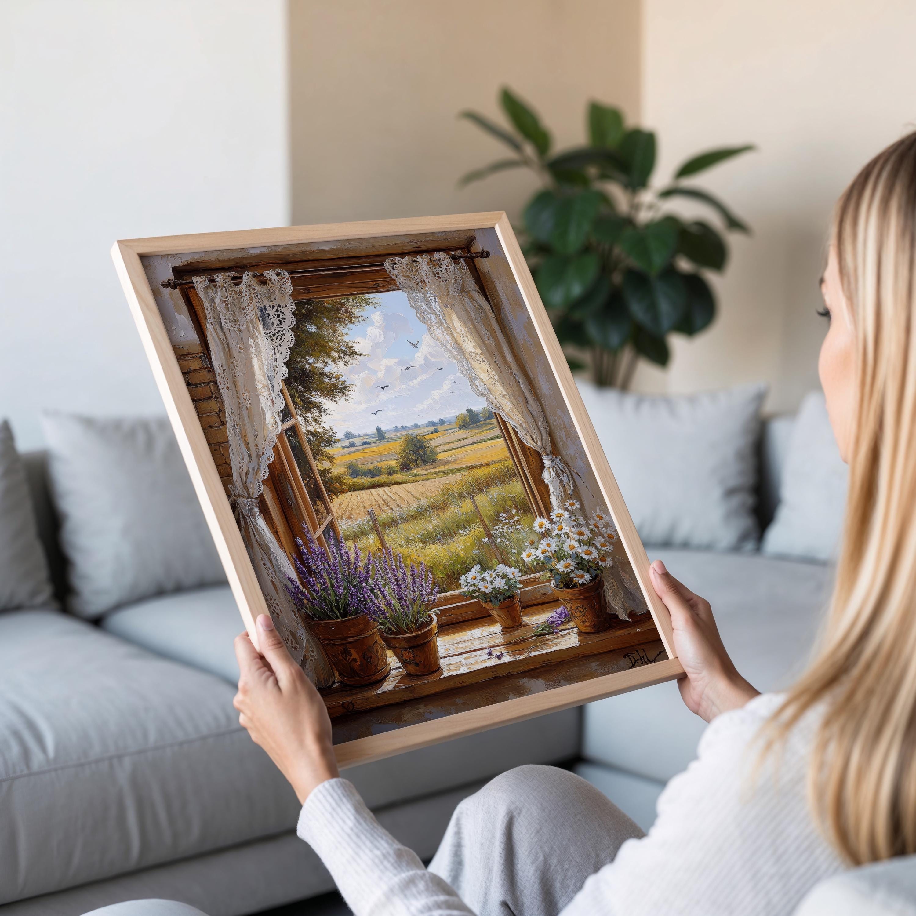 Cottagecore Window View Fine Art Print, Floral Curtain Painting ...