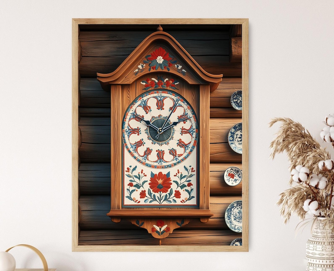 Hallandssöm Wooden Clock Illustration, Embroidered Folk Motifs ...
