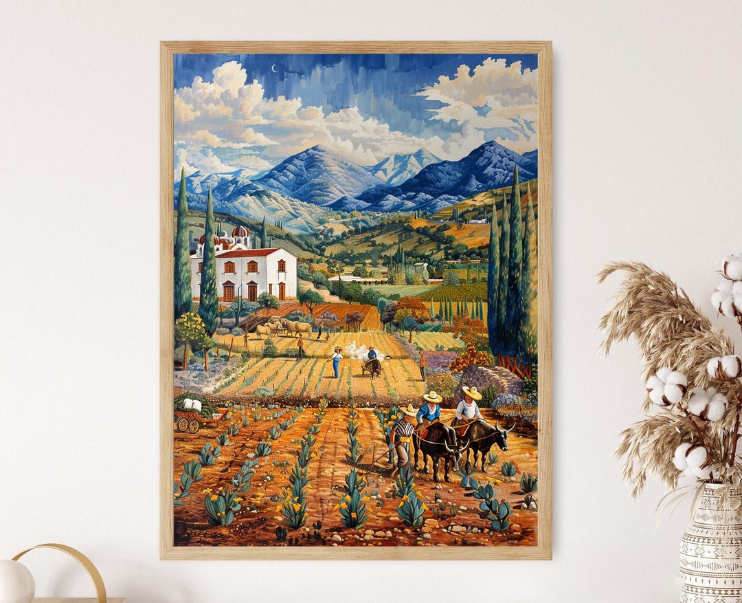Traditional Mexican Farming Scene Art, Farmers Plowing Fields Painting ...
