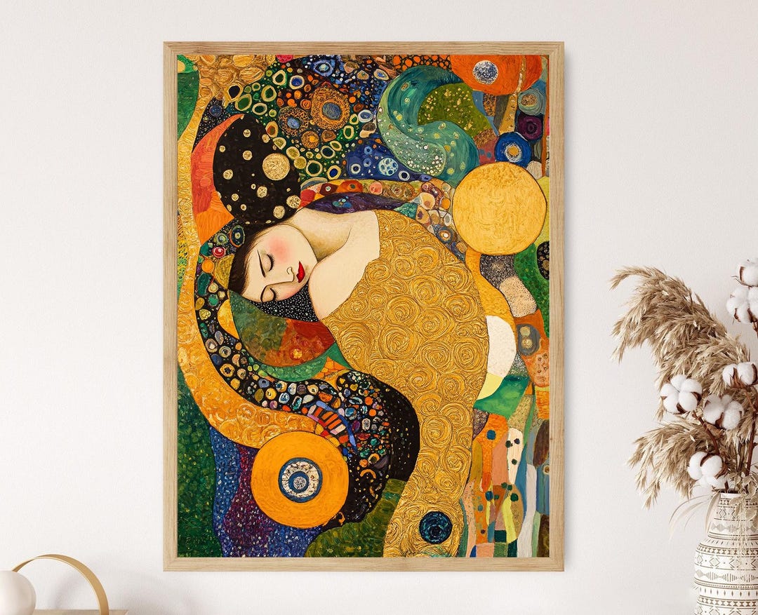 Klimt Inspired Reclining Woman Art Print, Abstract Golden Patterns and ...