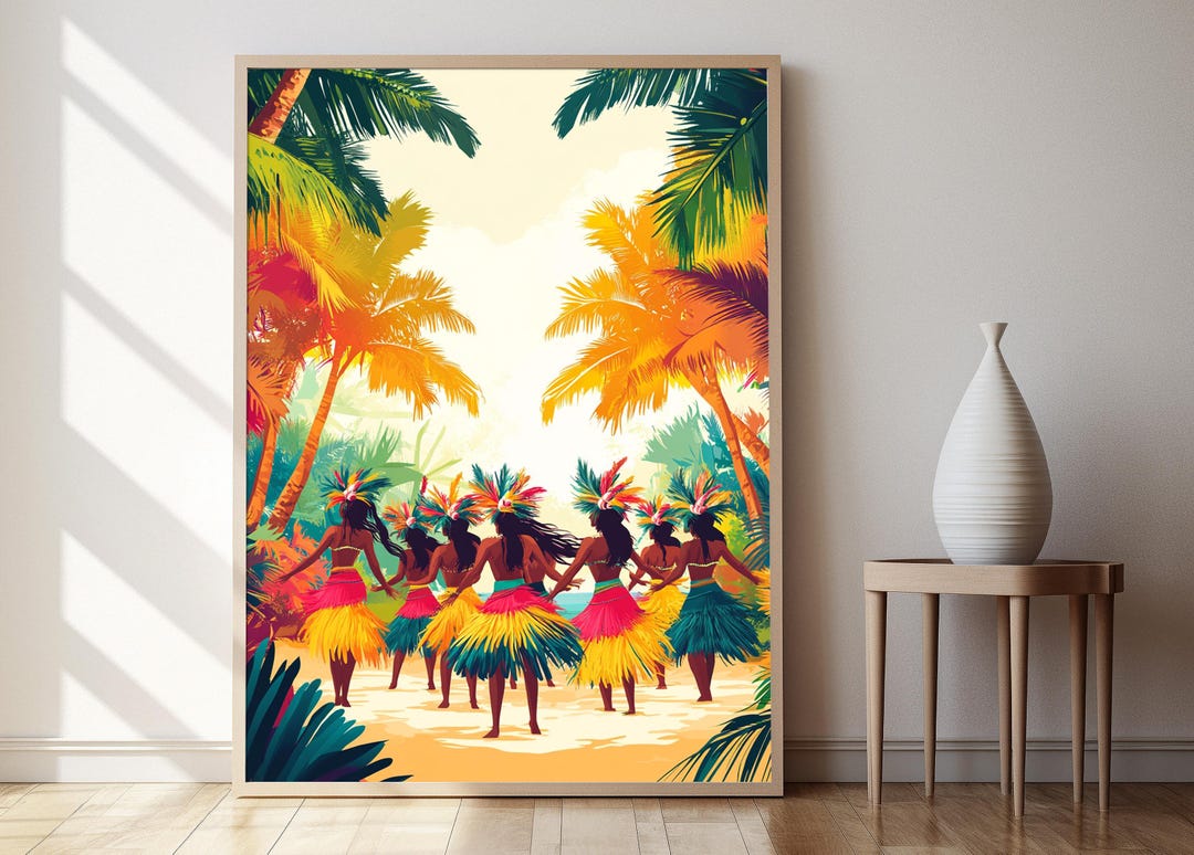 Tahitian Dancers Illustration, Tamure Dance and Pareo Art Print ...