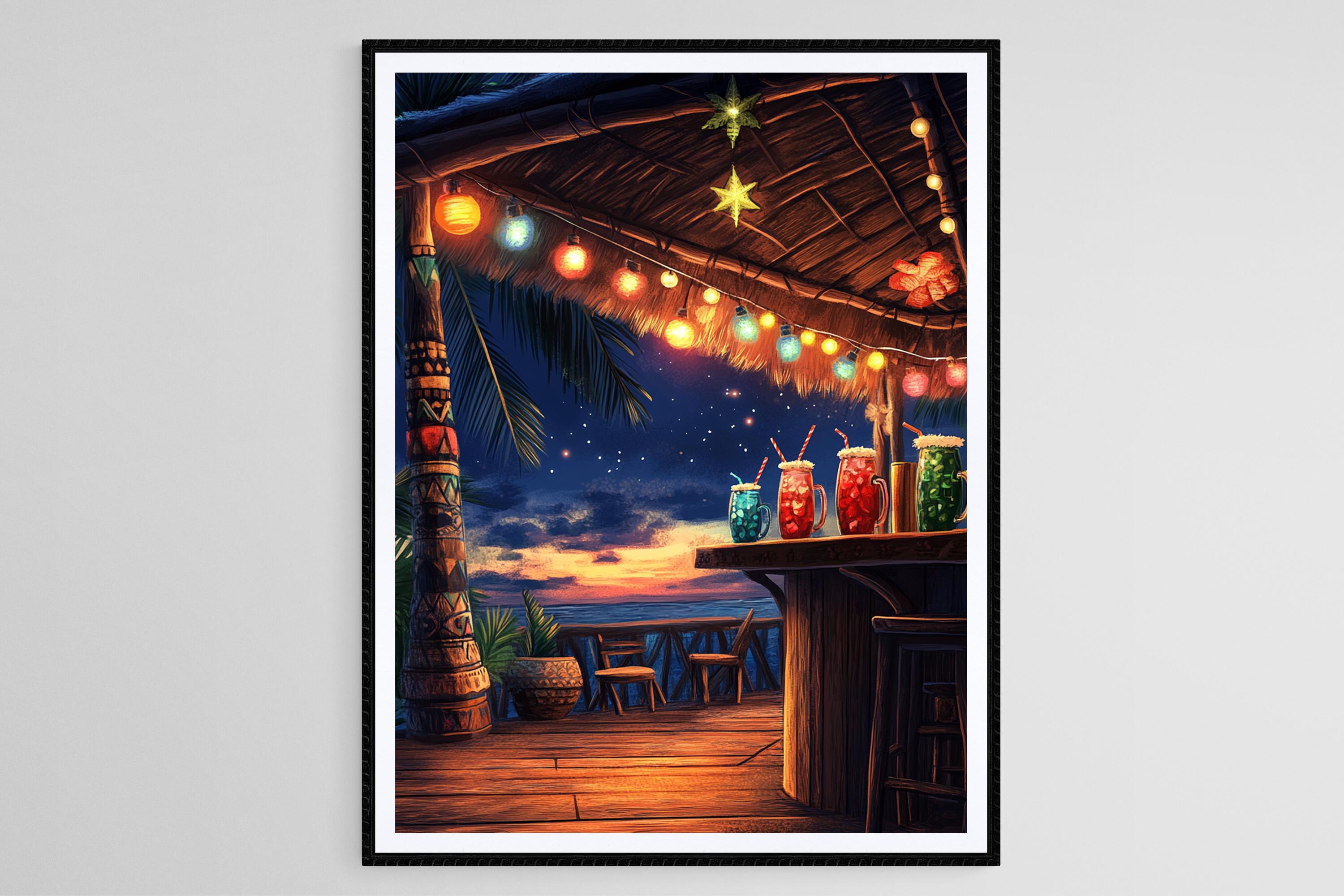 Nighttime Hawaiian Tiki Bar Art Print, String Lights and Tiki Mugs - Etsy