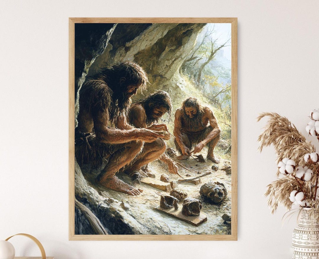 Early Human Art Creation Print, Homo Sapiens and Neanderthals in ...