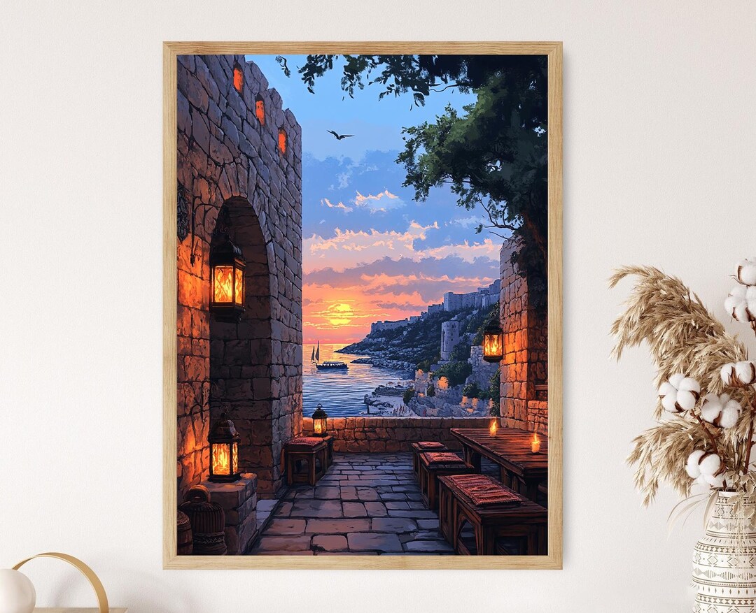 Byblos Rooftop Patio Illustration, Twilight Art Print, Lebanese Harbor ...