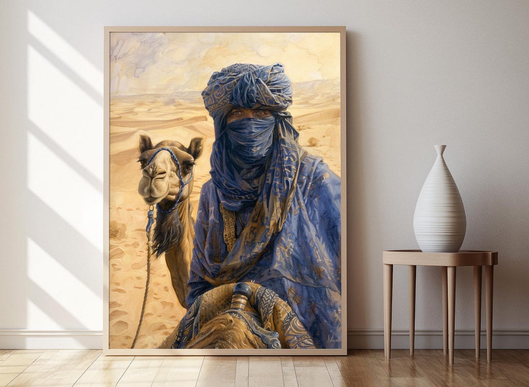 Tuareg Nomad, Traditional Indigo Robes, Camel, Vast Sahara Desert Print ...