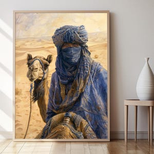 Tuareg Nomad, Traditional Indigo Robes, Camel, Vast Sahara Desert Print ...