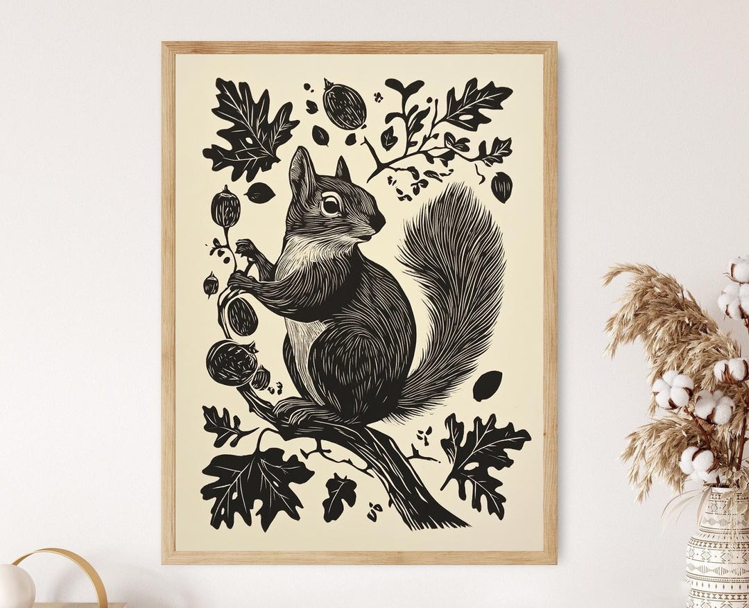 Squirrel Linocut Print, Nature-inspired Woodland Art, Handcrafted Home ...
