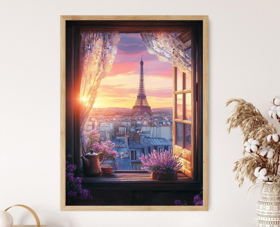 Paris Rustic Window With Eiffel Tower View Art Print, French Decor ...
