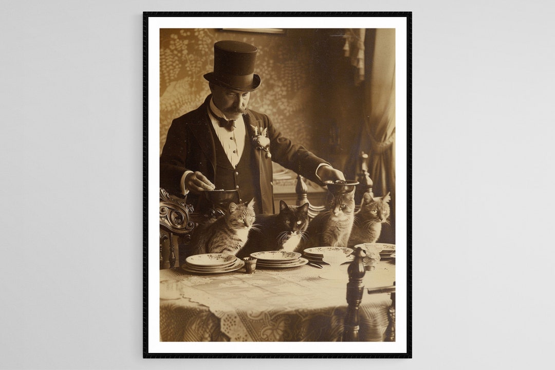 Victorian Butler Serving Dinner to Dignified Cats, Whimsical Vintage ...