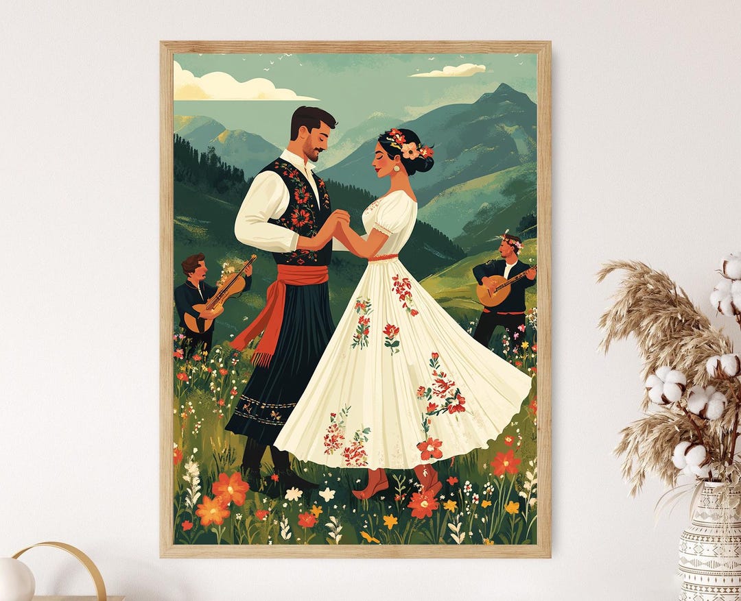 Macedonian Teshkoto Dance Couple Art Print, Traditional Balkan Scene ...