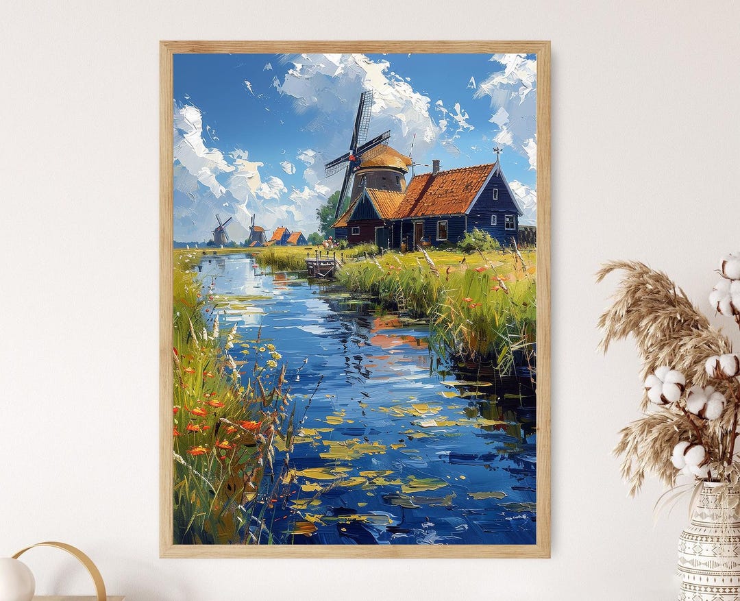 Dutch Windmill Poster, Scenic Kinderdijk Art Print - Etsy