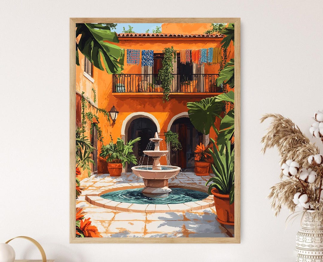 Lagos Courtyard Art Print: Stone Fountain, Tropical Foliage, Colorful ...