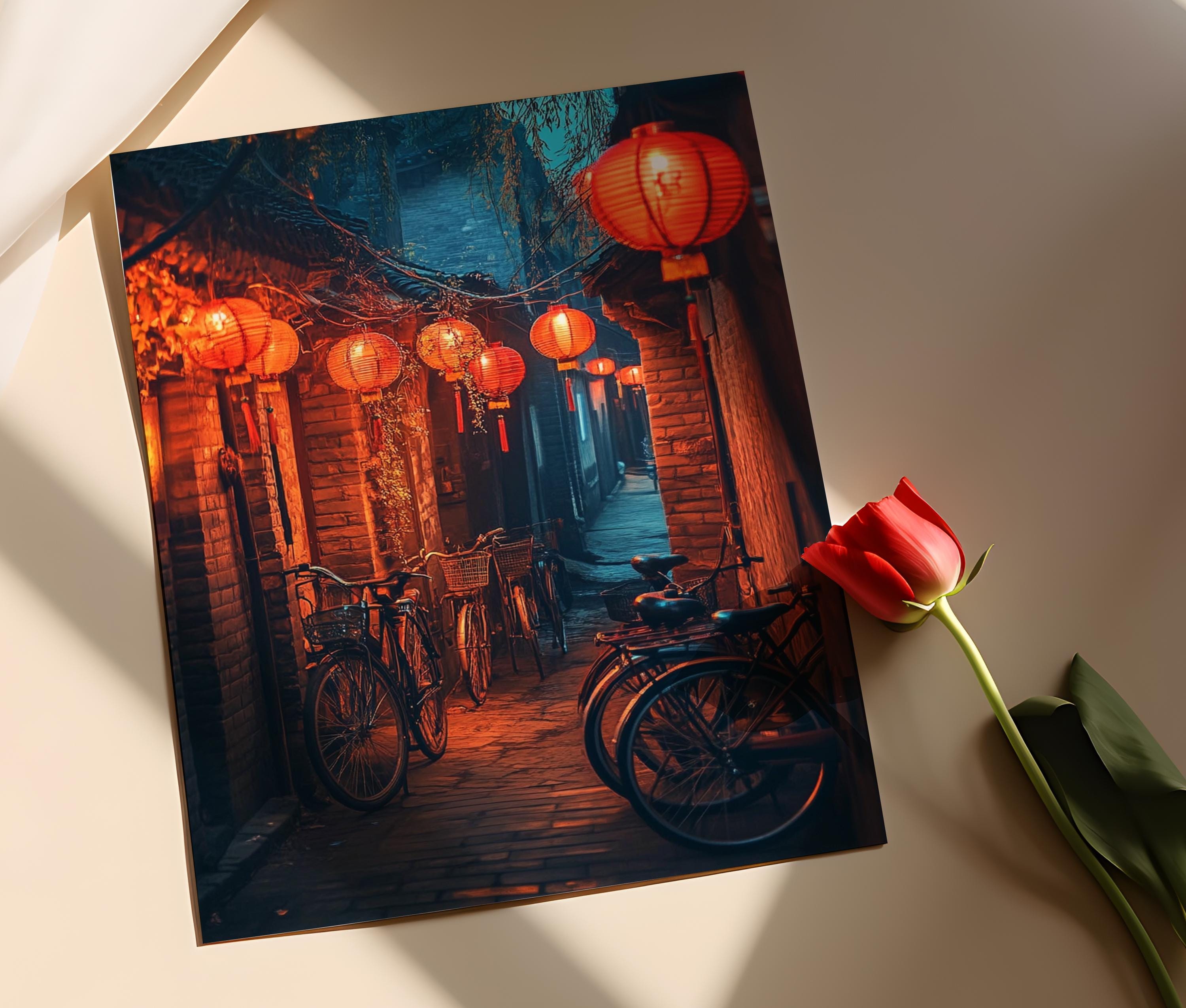 Beijing Hutong Alley Art Print, Traditional Red Lanterns and Bicycles ...