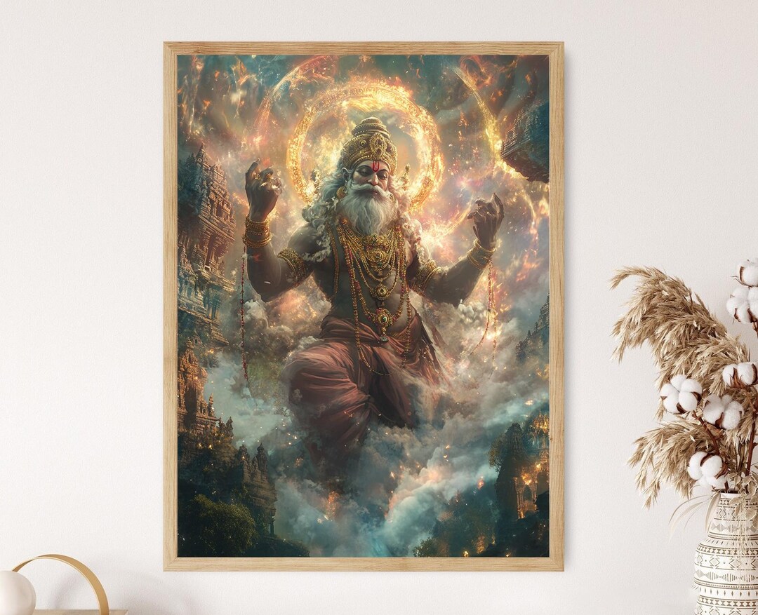 Brahma Four-faced Deity Art, Cosmic Hindu God, Ethereal Landscape Print ...