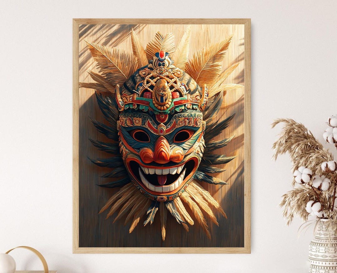 Indonesian Topeng Mask Art Print, Hand-carved Artifact Poster, Vibrant ...