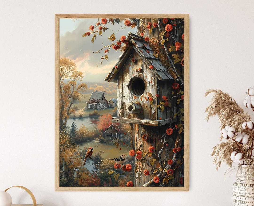 Colorful Bird House Painting: Rustic Cottagecore Wall Art - Etsy
