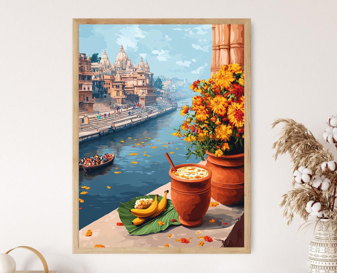 Varanasi Rooftop Lassi Scene With Trishul and Ganga View, Spiritual ...