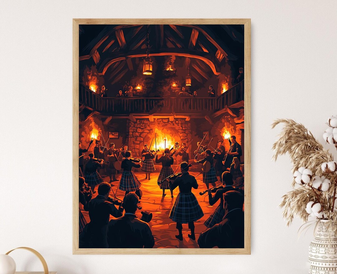 Traditional Ceilidh Scene With Dancers and Bagpipes, Scottish Cultural ...