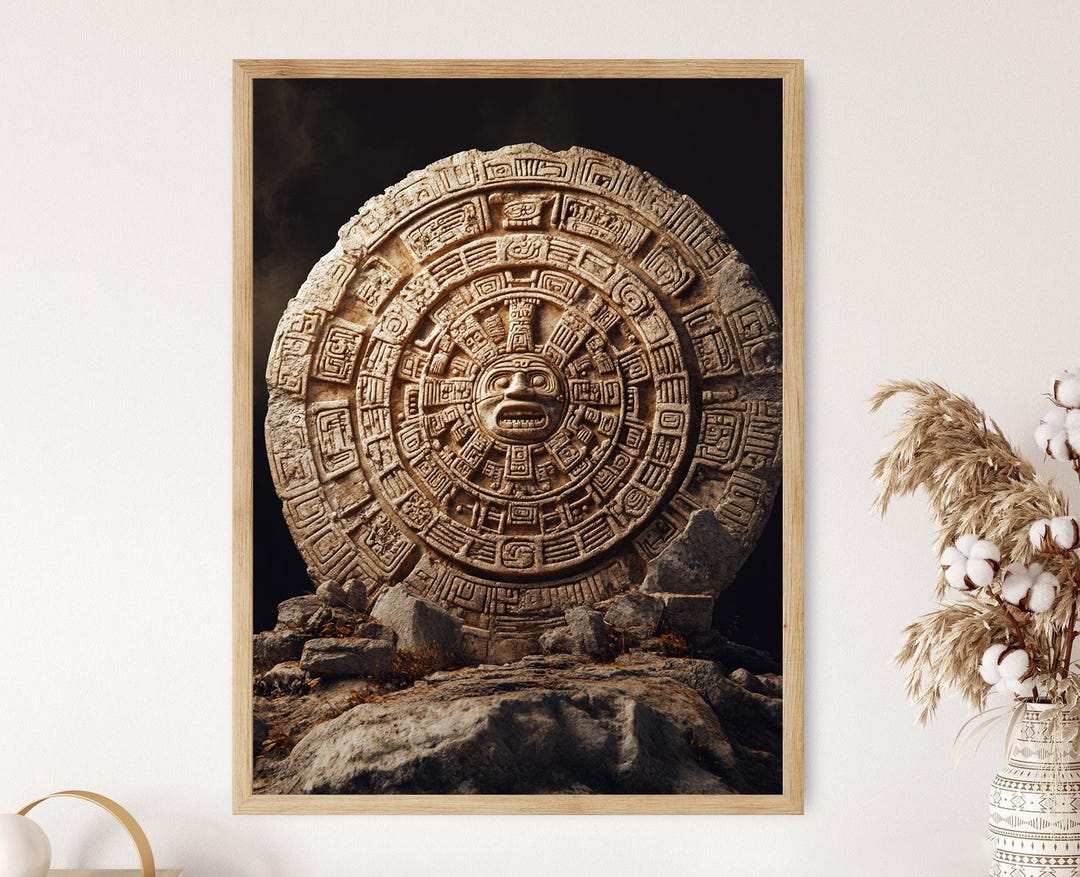 Aztec Calendar Stone Art Print, Detailed Carvings of Time and Celestial ...