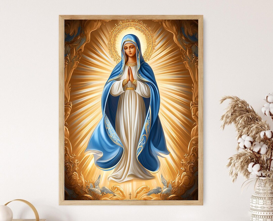 Our Lady of Grace Icon Poster: Gold Halo and Indigo Light, Catholic Art ...