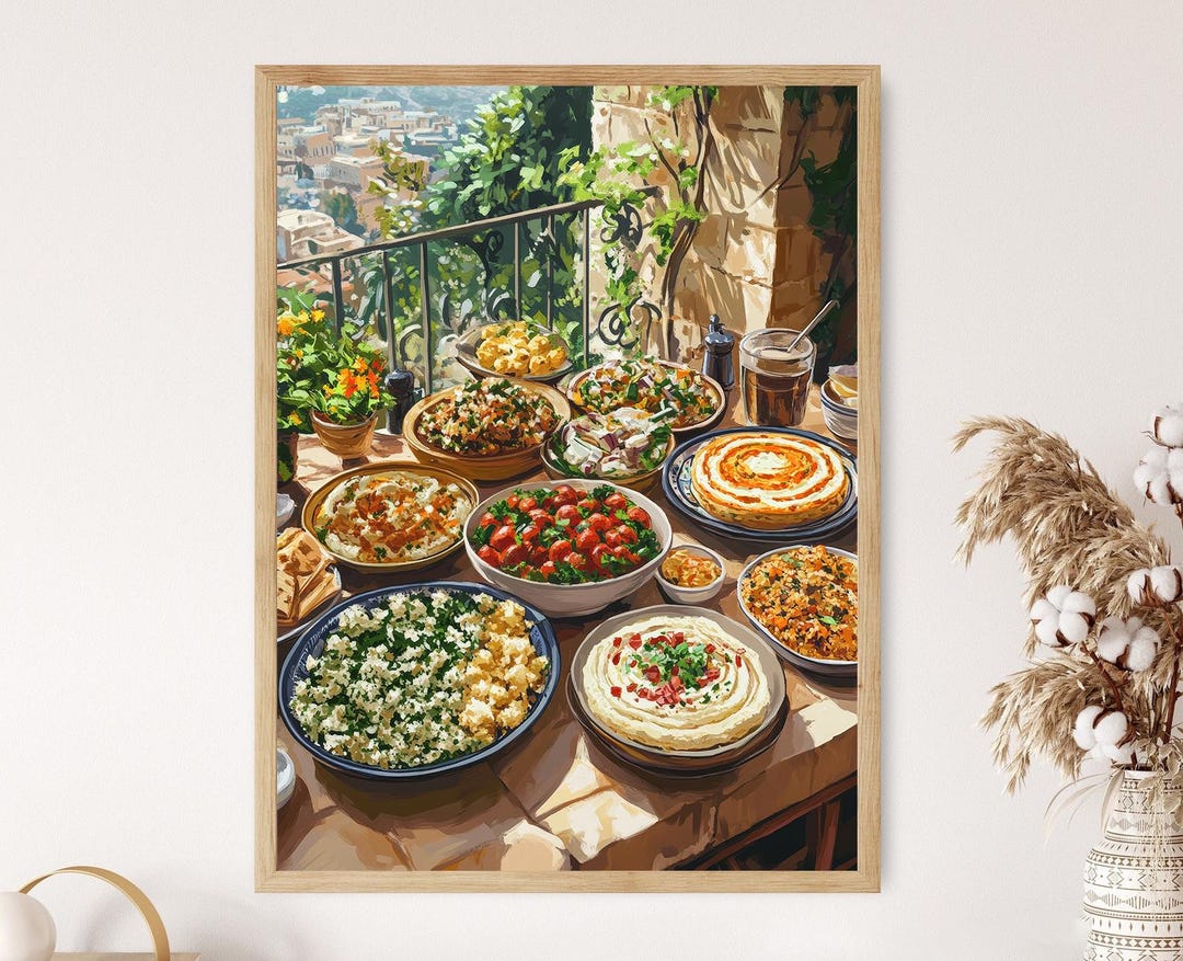 Beirut Meze Table Illustration, Mediterranean Food Art Print, Culinary ...