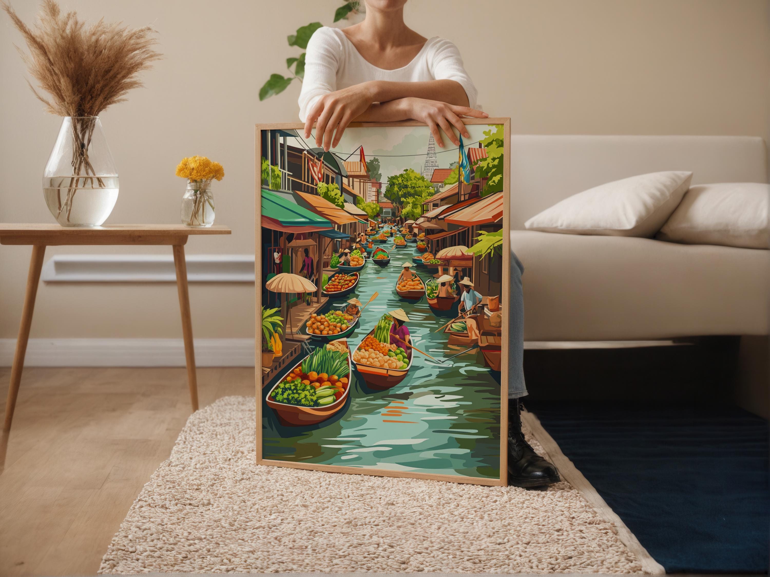Bangkok Floating Market Art Print, Thailand, Colorful Boats ...
