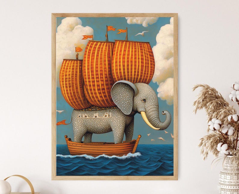 Whimsical Elephant Ship Art Print, Surreal Nautical Scene, Fantasy ...