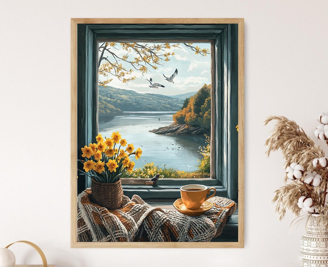 Bangor Window Poster: Menai Strait View, Welsh Blanket and Daffodils ...