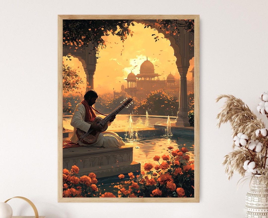Sitar Player in Mughal Garden Art Print, Traditional Indian Music Decor ...