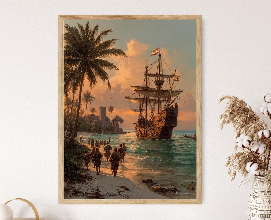 Christopher Columbus Landfall Painting, San Salvador Voyage Poster ...
