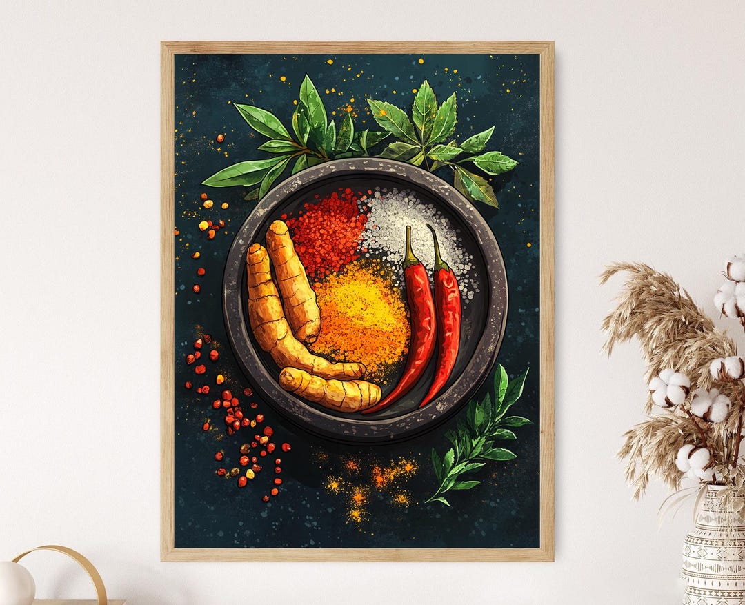 Traditional Indian Spice Grinding Stone Poster, Vibrant Food Art Print ...